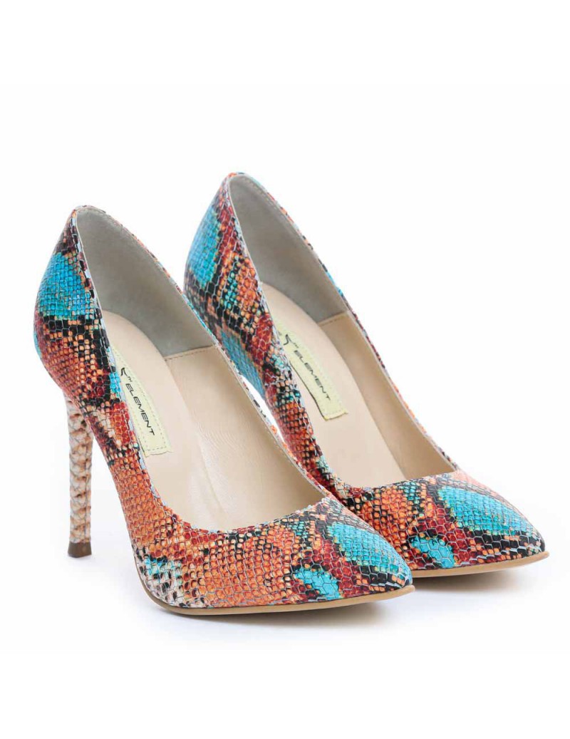 Pantofi stiletto piele naturala Turcoaz Portocaliu
