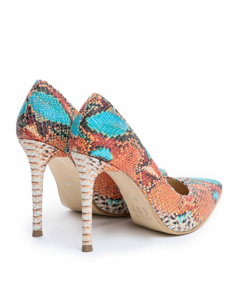 Pantofi stiletto piele naturala Turcoaz Portocaliu