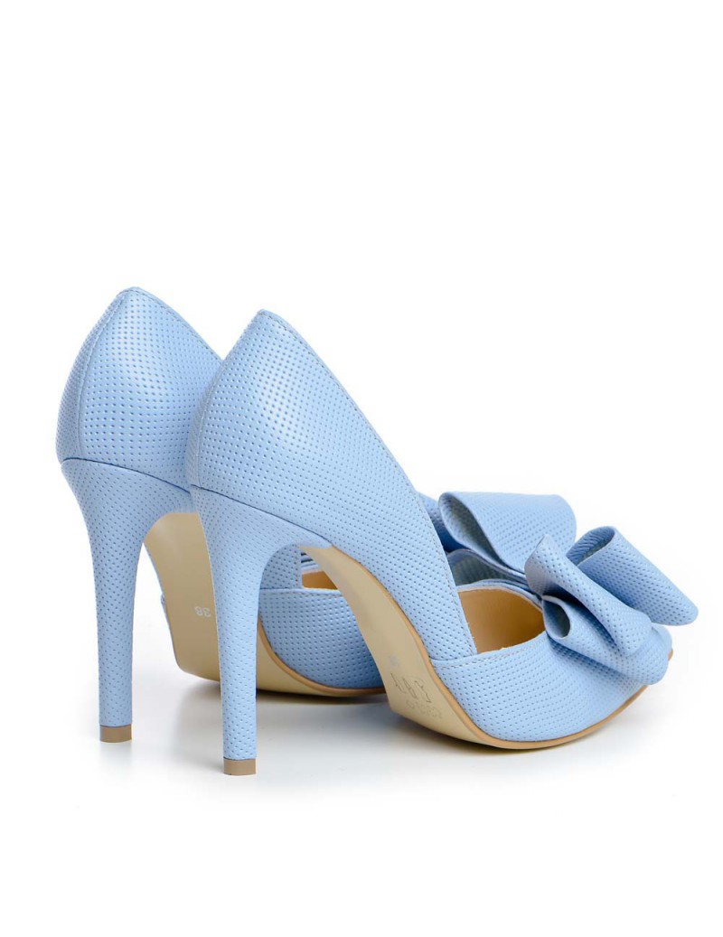 Pantofi stiletto piele naturala Bleu cu funda